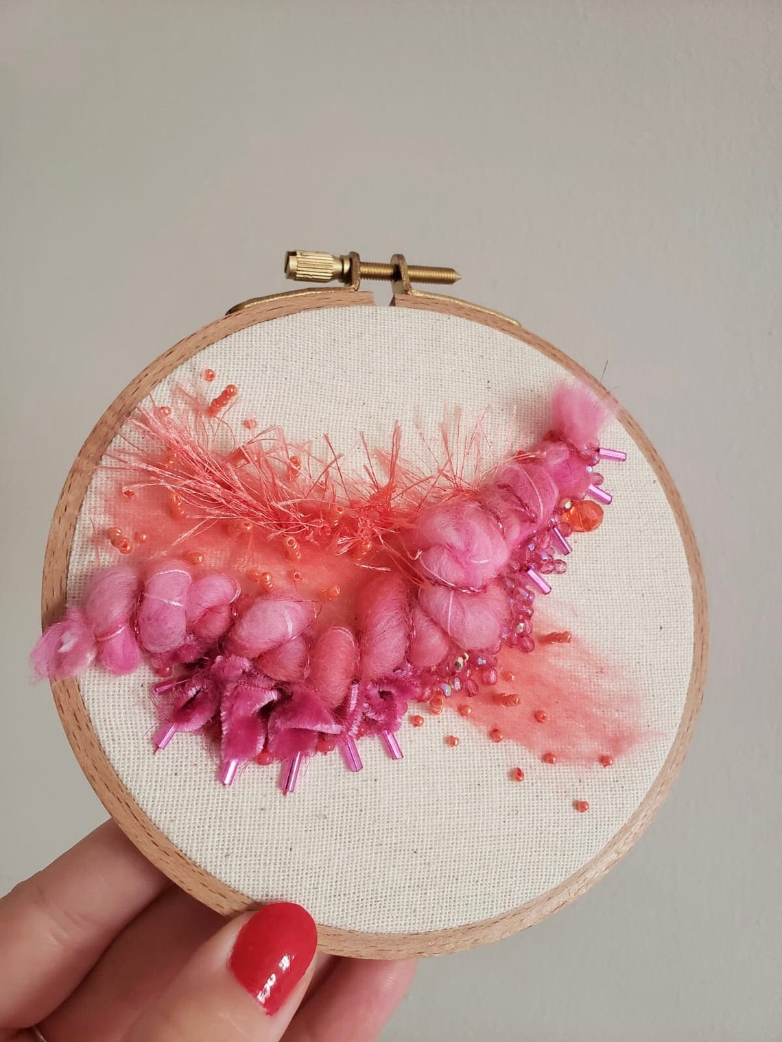 Pink Orange Watermelon Fiber Art Embroidery Art Beaded Art Wall Hanging ...