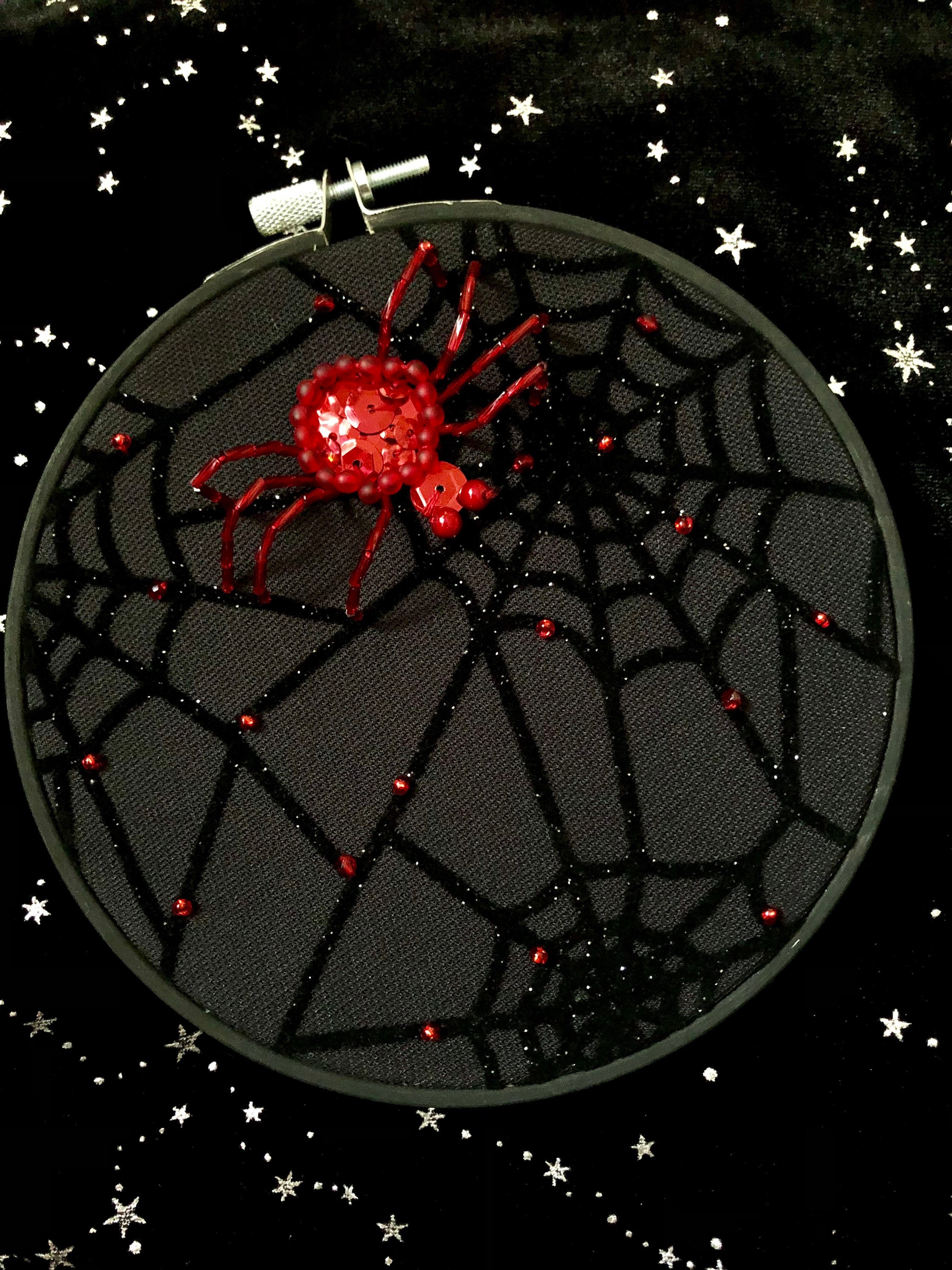 Spooky Red Beaded Embroidered Spider and Spider Web Halloween Art. - Etsy