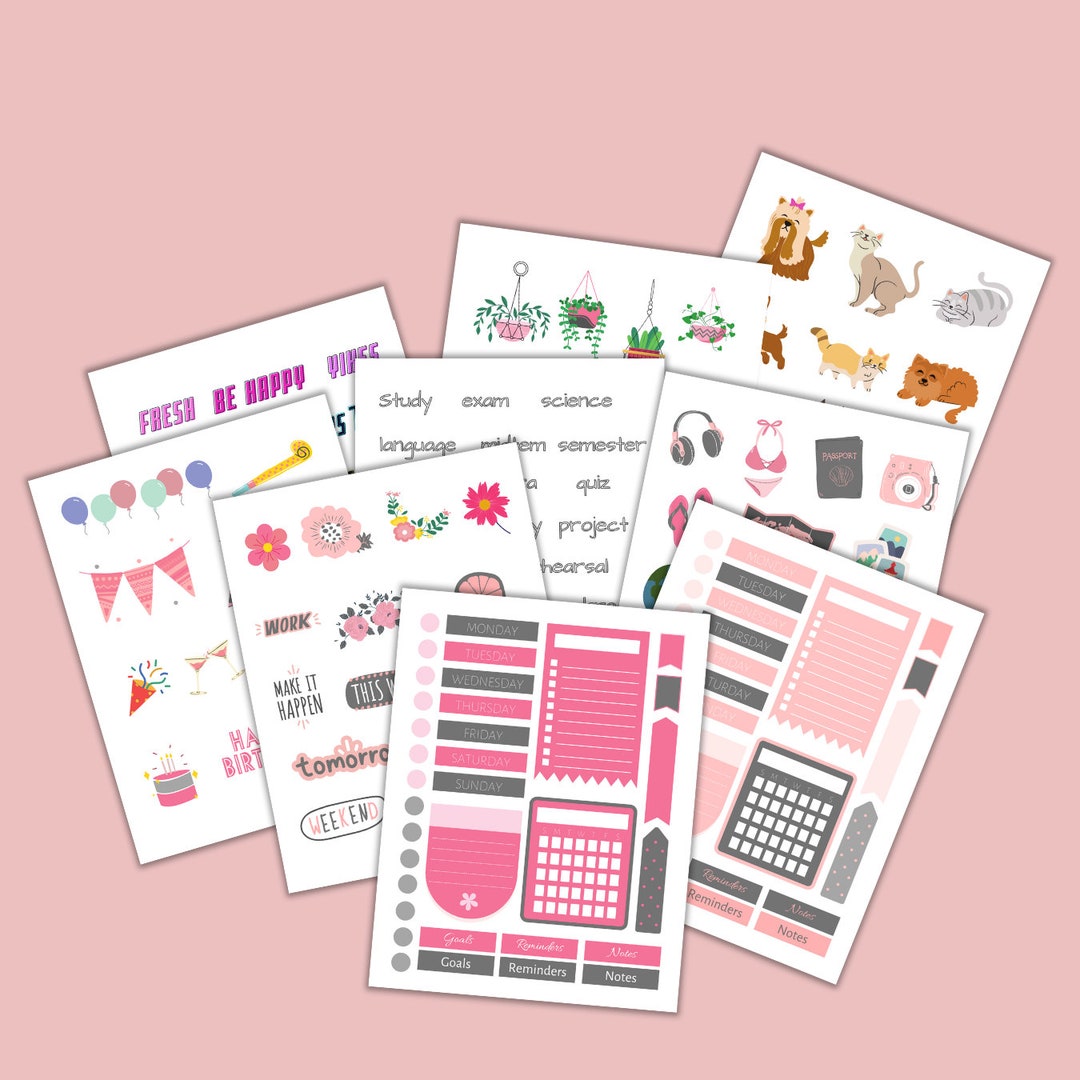 Cute Pink Weekday Printable Planner Stickers, Bullet Journal Art ...