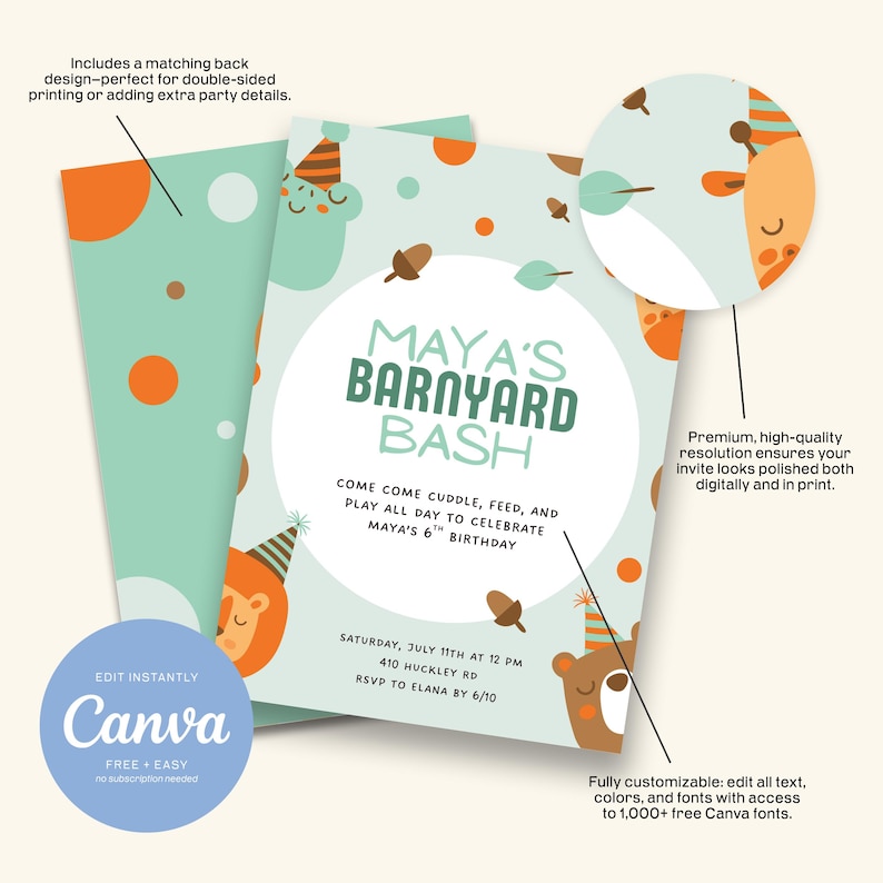 Barnyard Birthday Invitation Template | Farm Animals Canva Download - Etsy