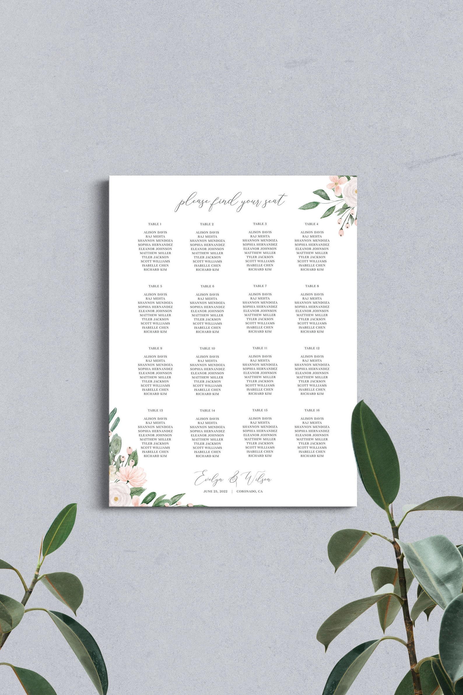 Seating Chart Template Blushing Blooms Instant Download, Printable ...