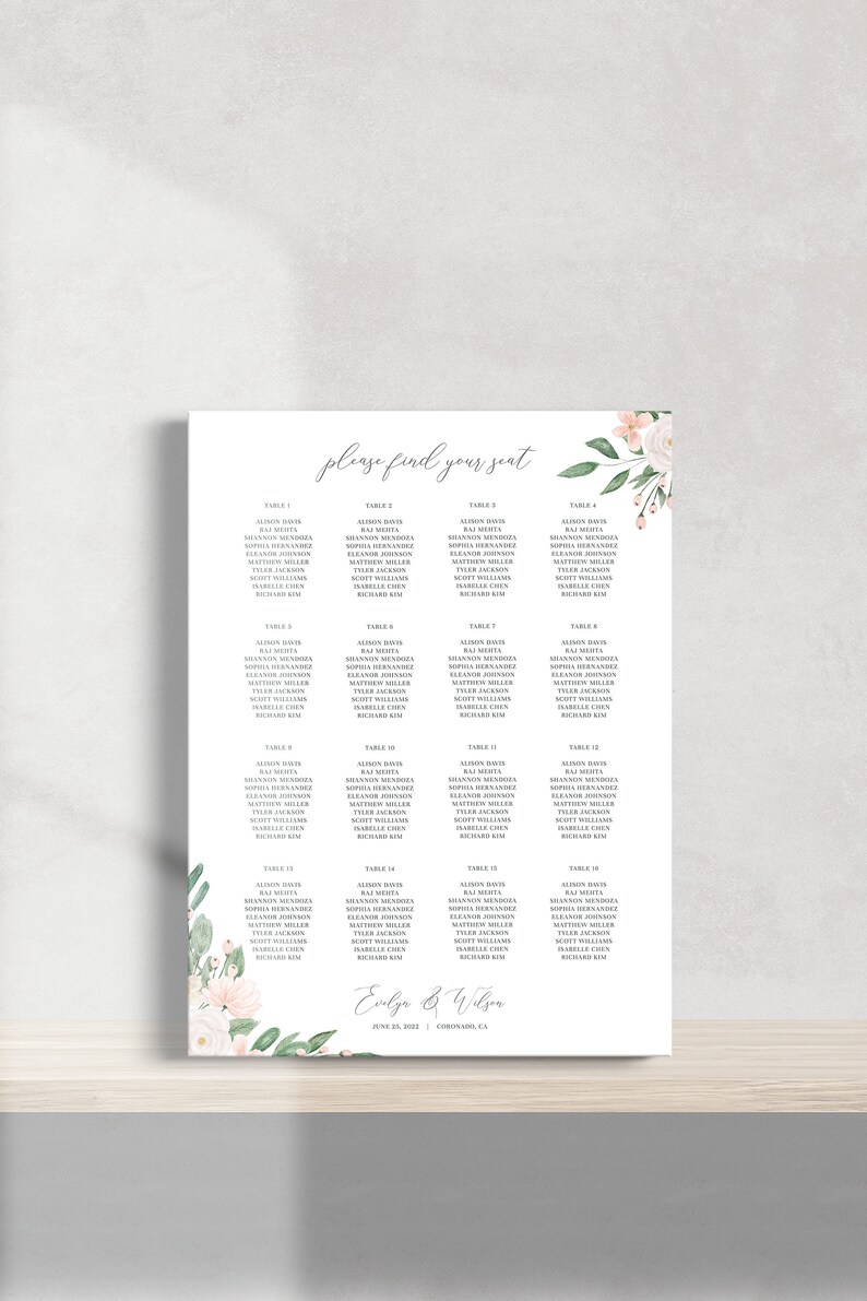 Seating Chart Template Blushing Blooms Instant Download, Printable ...