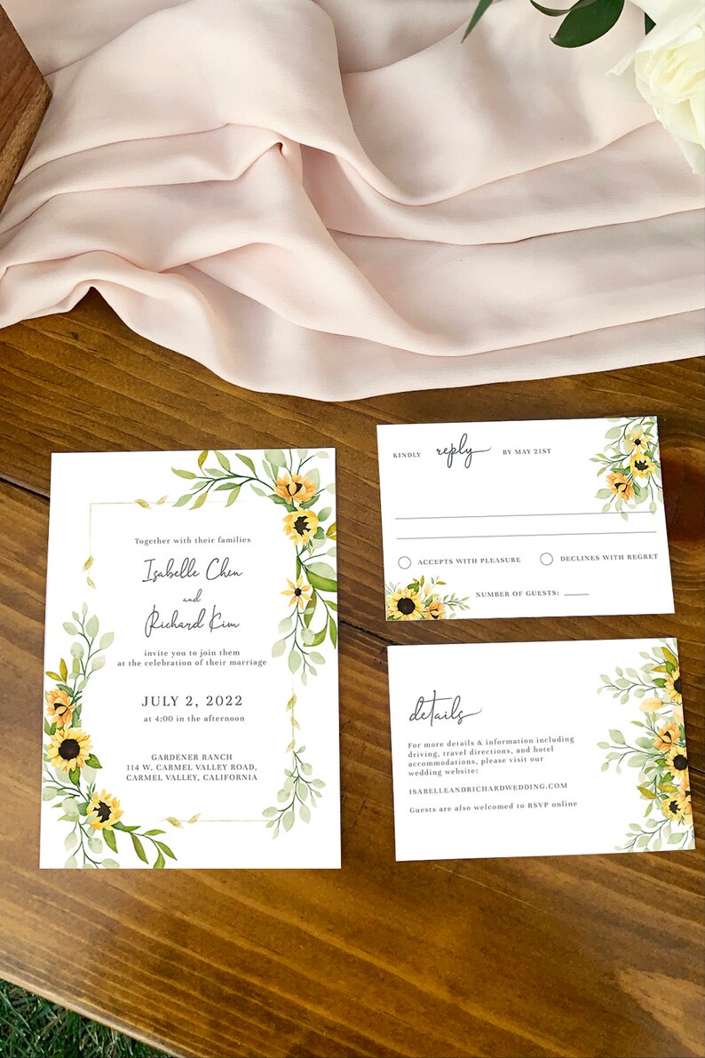 Sunflower Wedding Invitation Template Set Rustic Wedding - Etsy