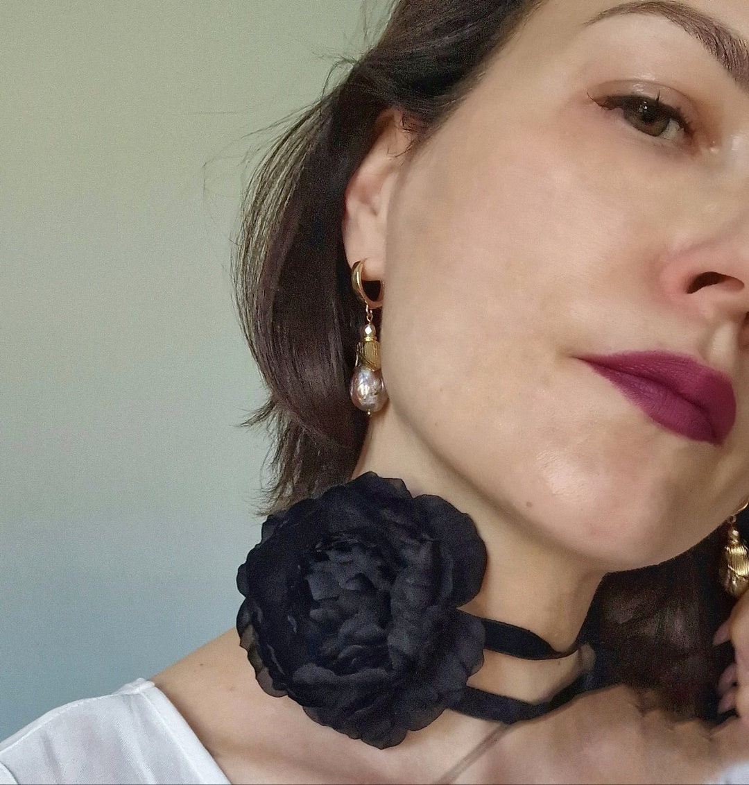 Black Flower Choker, Pure Silk Peony Choker, Floral Lace-up Necklace ...