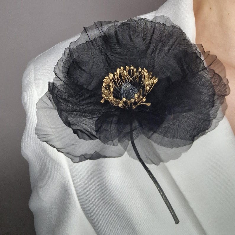 Elegant Black Flower Brooch, Handmade Organza Flower Corsage, Evening ...