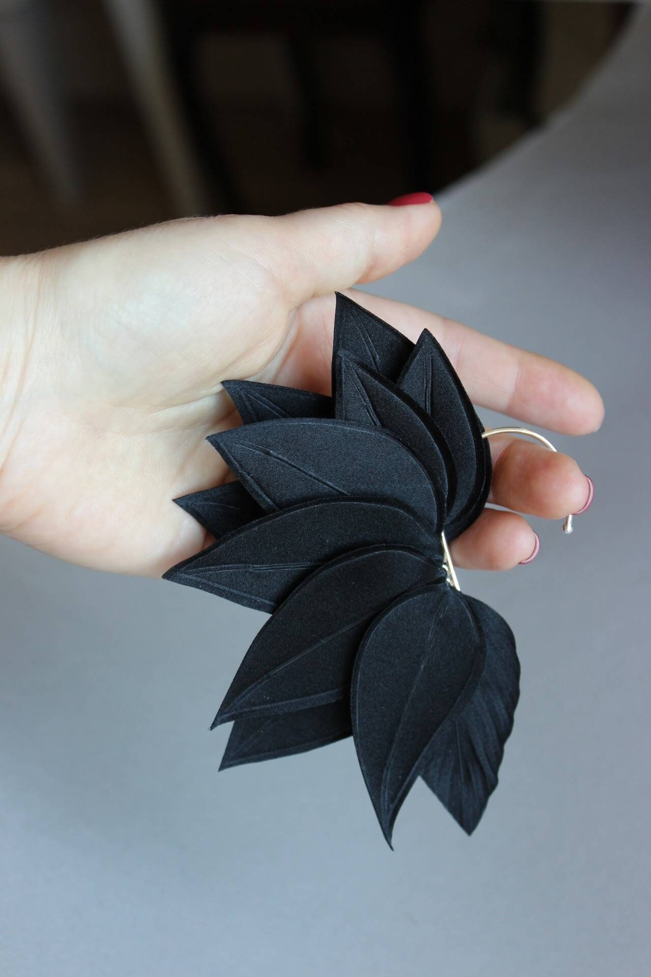 Fantasy Ear Cuff, Black Leaves Ear Cuff, Leaf Ear Climber, Statement ...
