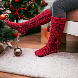 Hand Knitted Long Wool and Acrylic Socks With Pom-pom Festive Red and ...