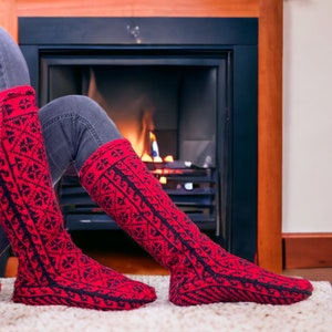 Hand Knitted Long Wool and Acrylic Socks With Pom-pom Festive Red and ...