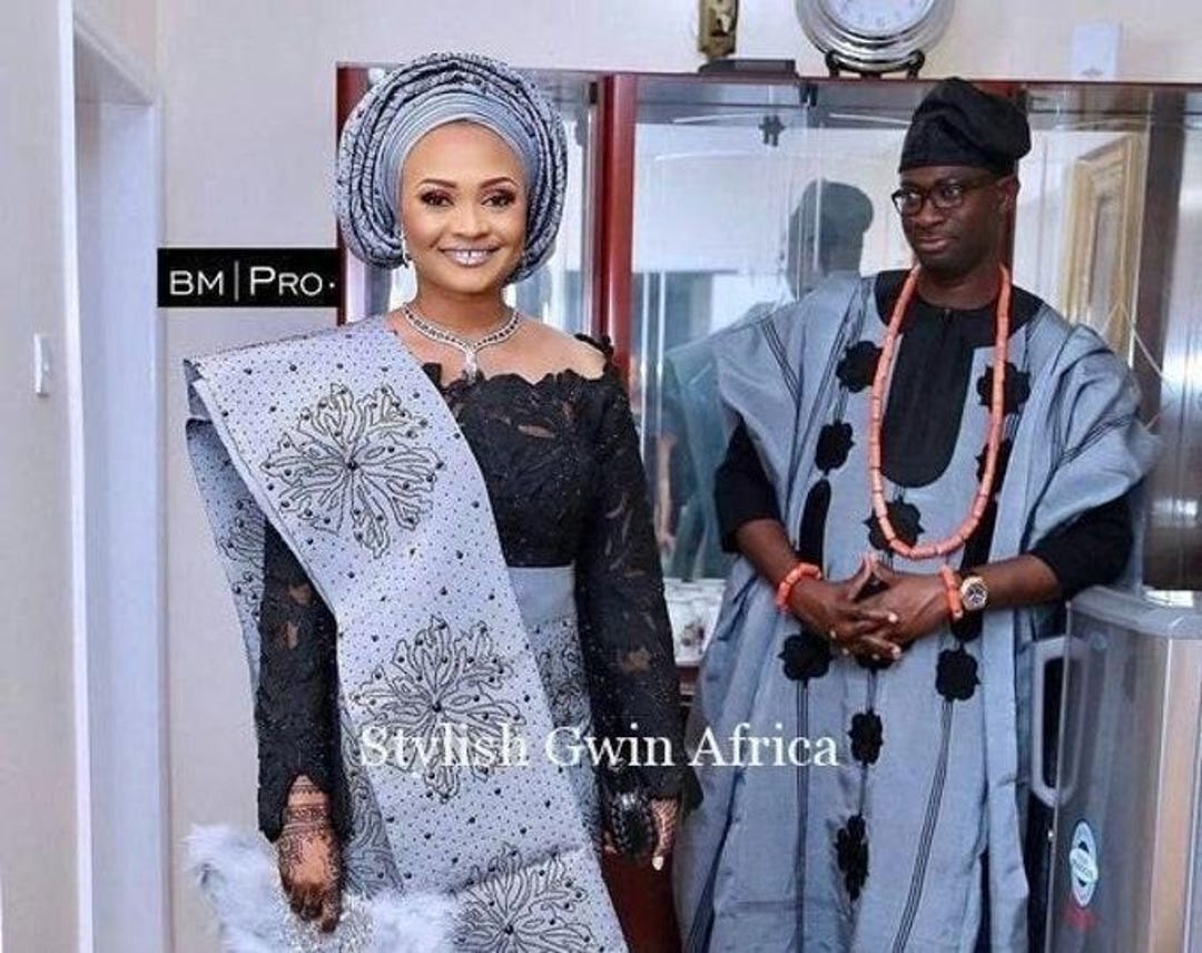 Matching Wedding Outfits Traditional Aso Oke Ofi Wears White and Gold ...