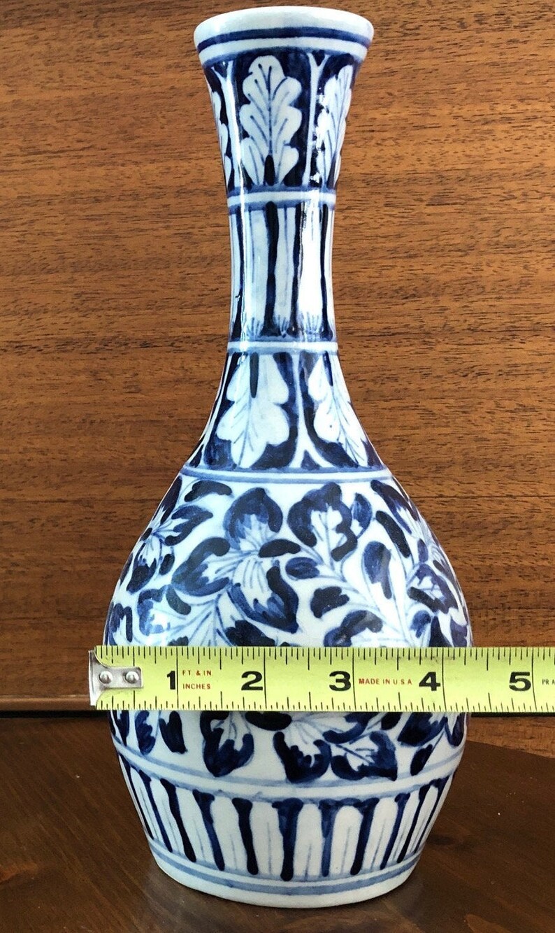 Tall Blue & White Vase With Leaves - Etsy