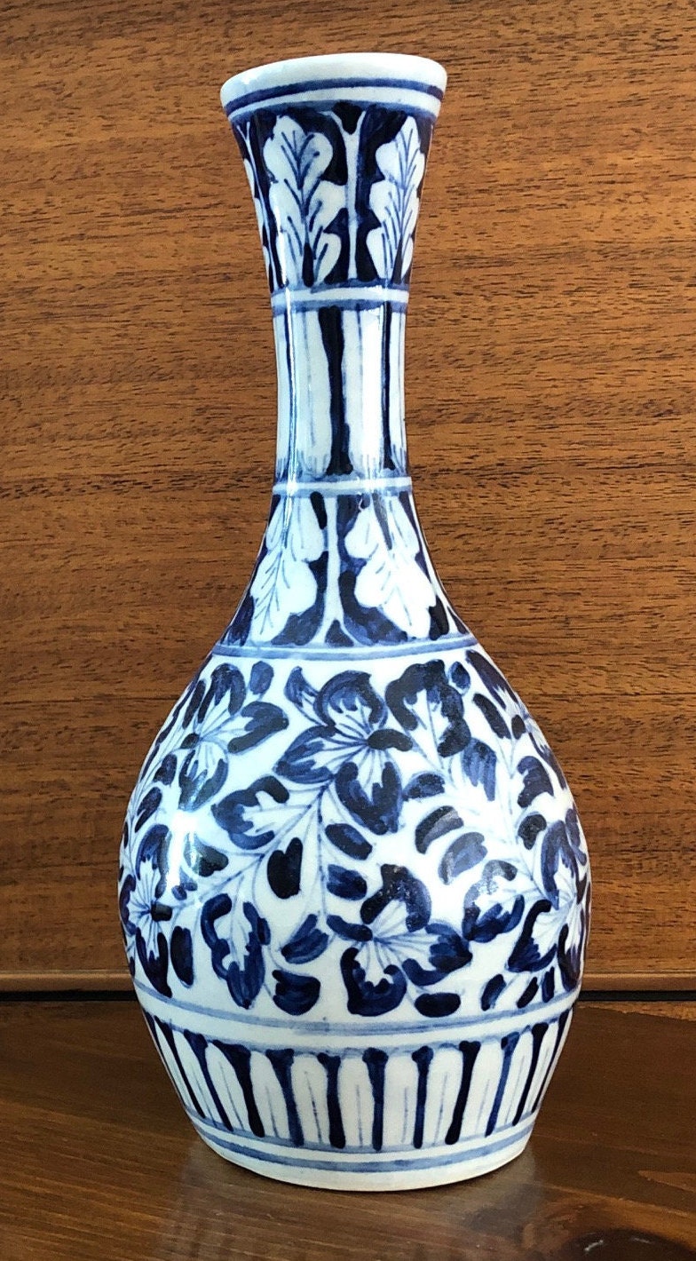 Tall Blue & White Vase With Leaves - Etsy