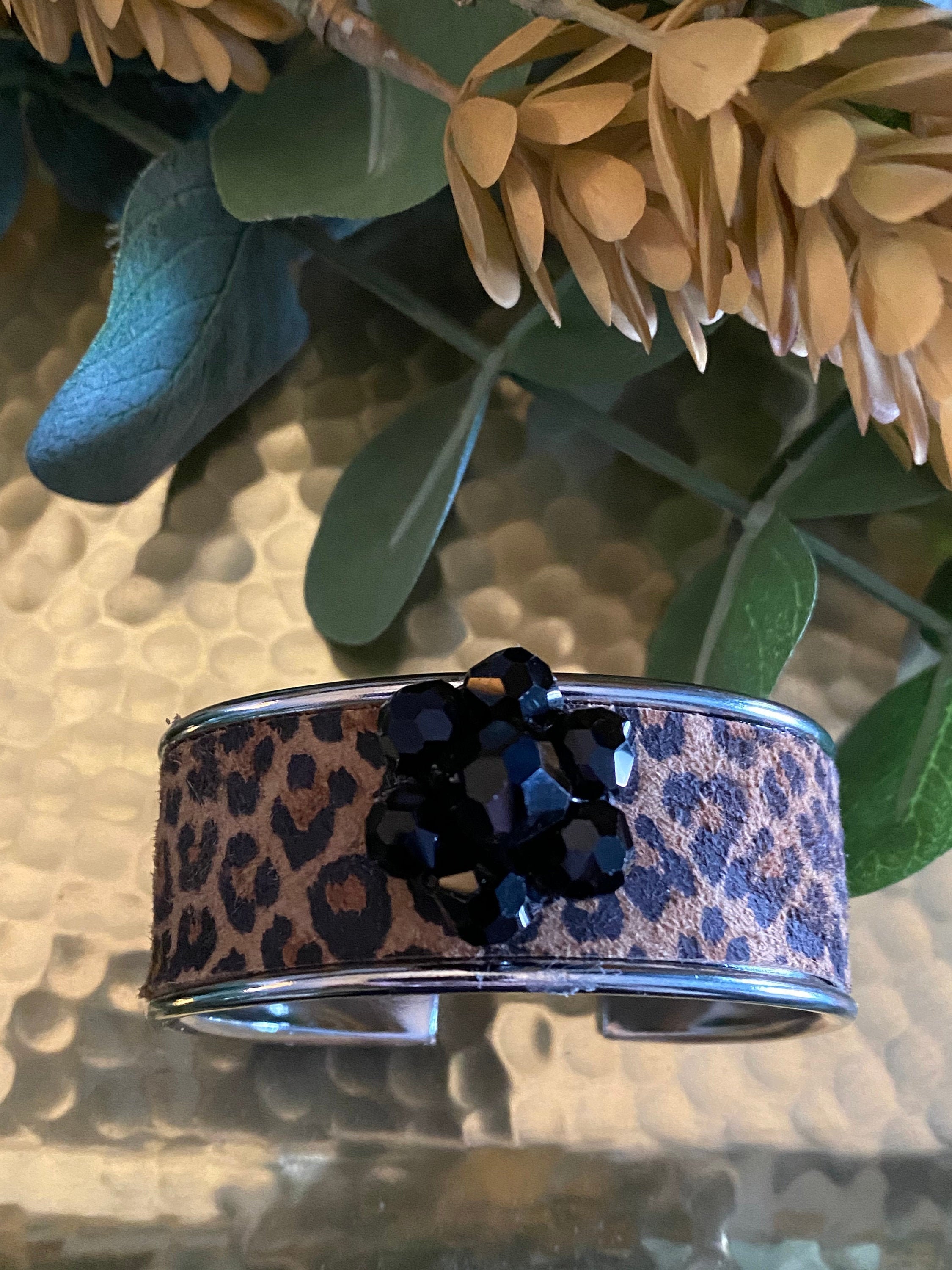Handmade One of a Kind Leopard Leather Cuff Bracelet With Black Vintage ...