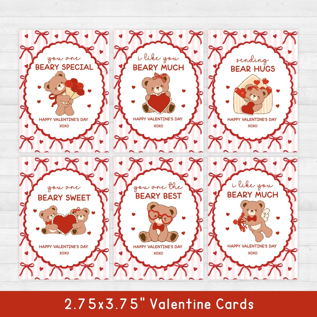 Bear Valentine Cards - Printable - Kids Valentines - School Valentine ...
