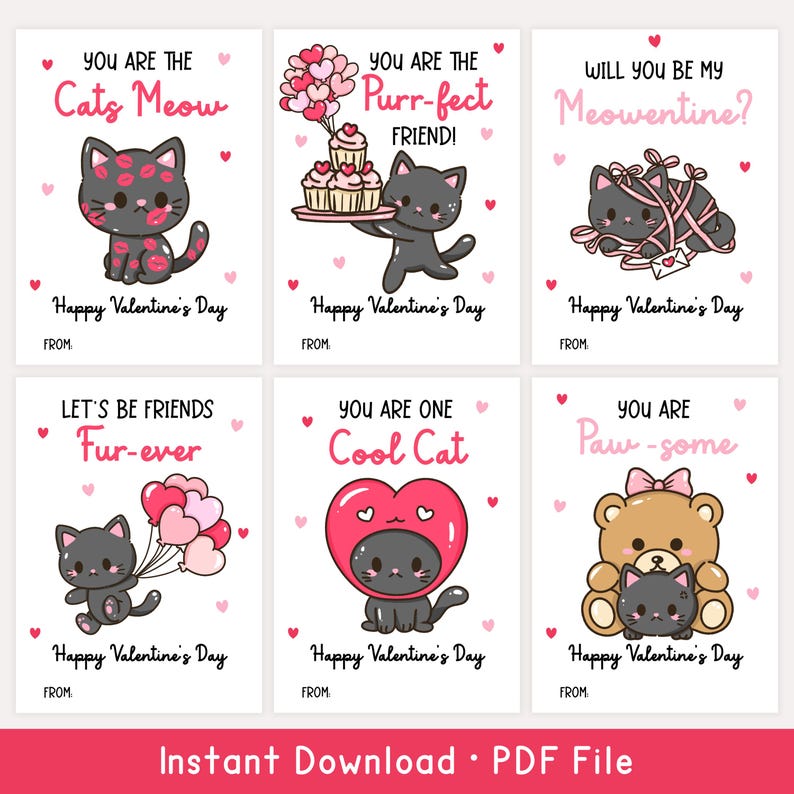 Cat Valentine Cards - Printable - Kids Valentines - School Valentine ...