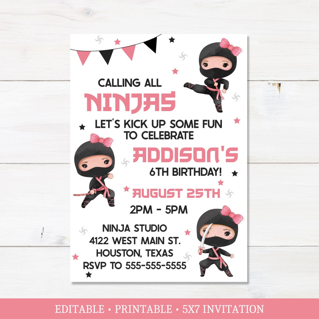 Ninja Invitation - Editable - Printable - Girls Birthday Invite ...