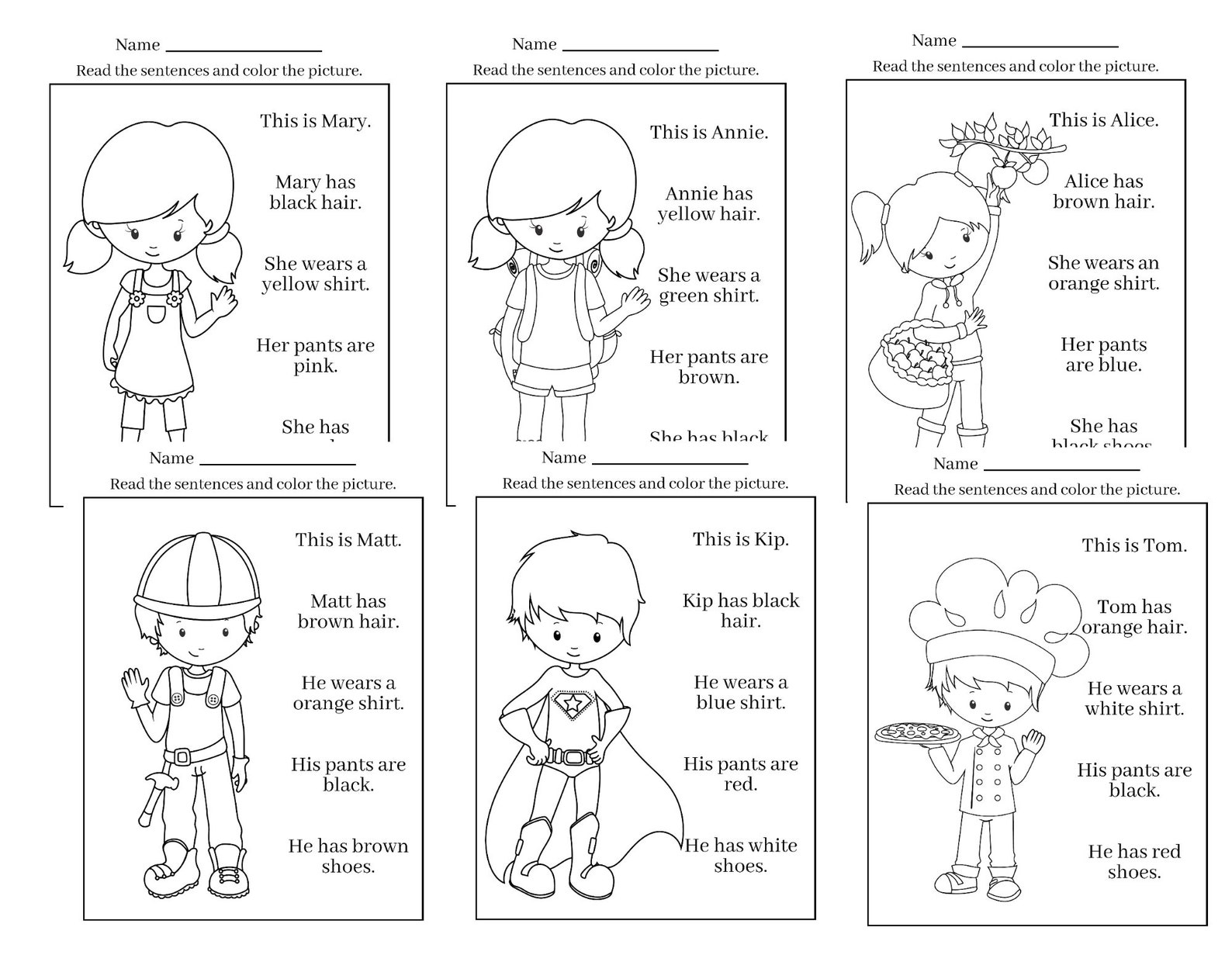 Read and Color - Kindergarten - First Grade - Worksheets - Printable ...