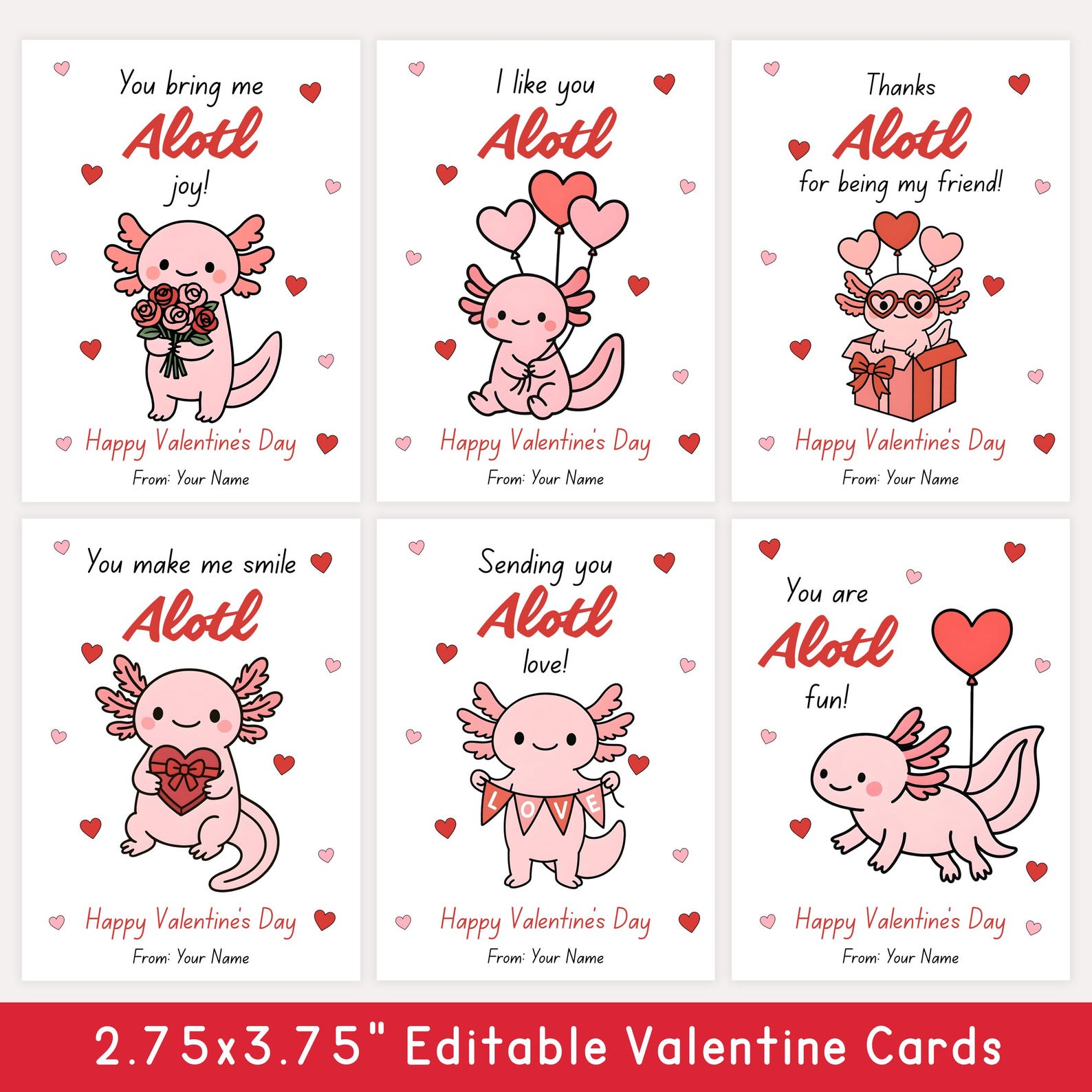 Axolotl Valentine Cards - Editable - Printable - Kid's Valentine's Day ...