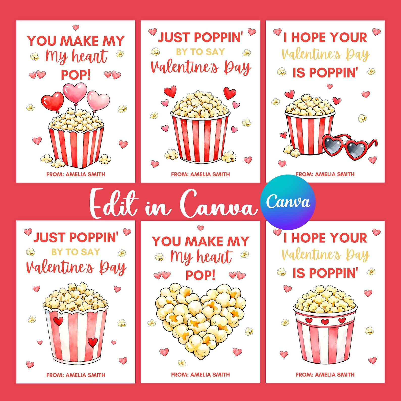 Popcorn Valentine Cards - Editable - Printable - Kid's Valentine's Day ...