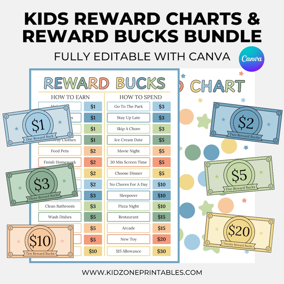 Editable Kids Reward Bucks and Chart - Printable - Reward Bucks - Chore ...
