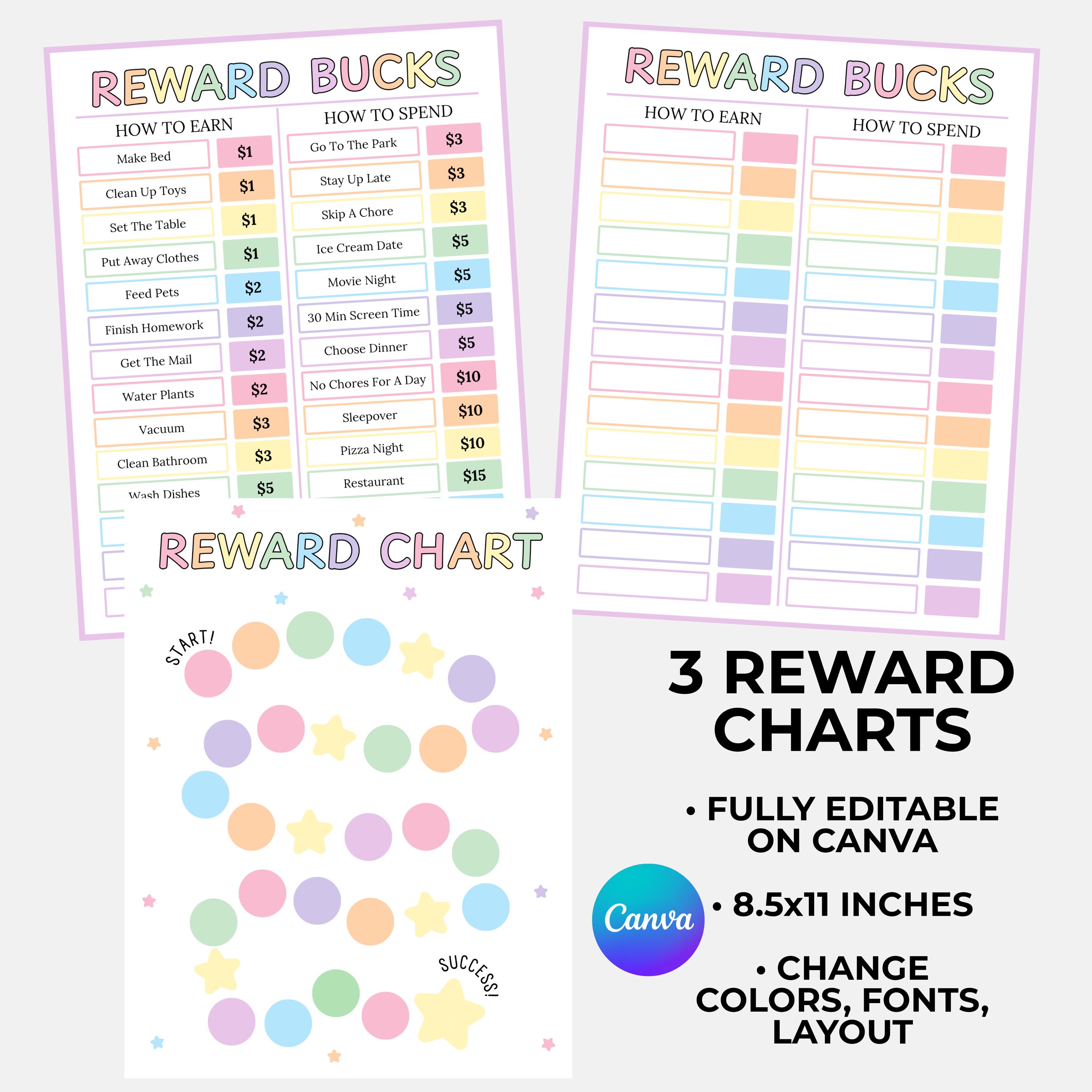 Editable Kids Reward Bucks and Chart - Printable - Reward Bucks - Chore ...