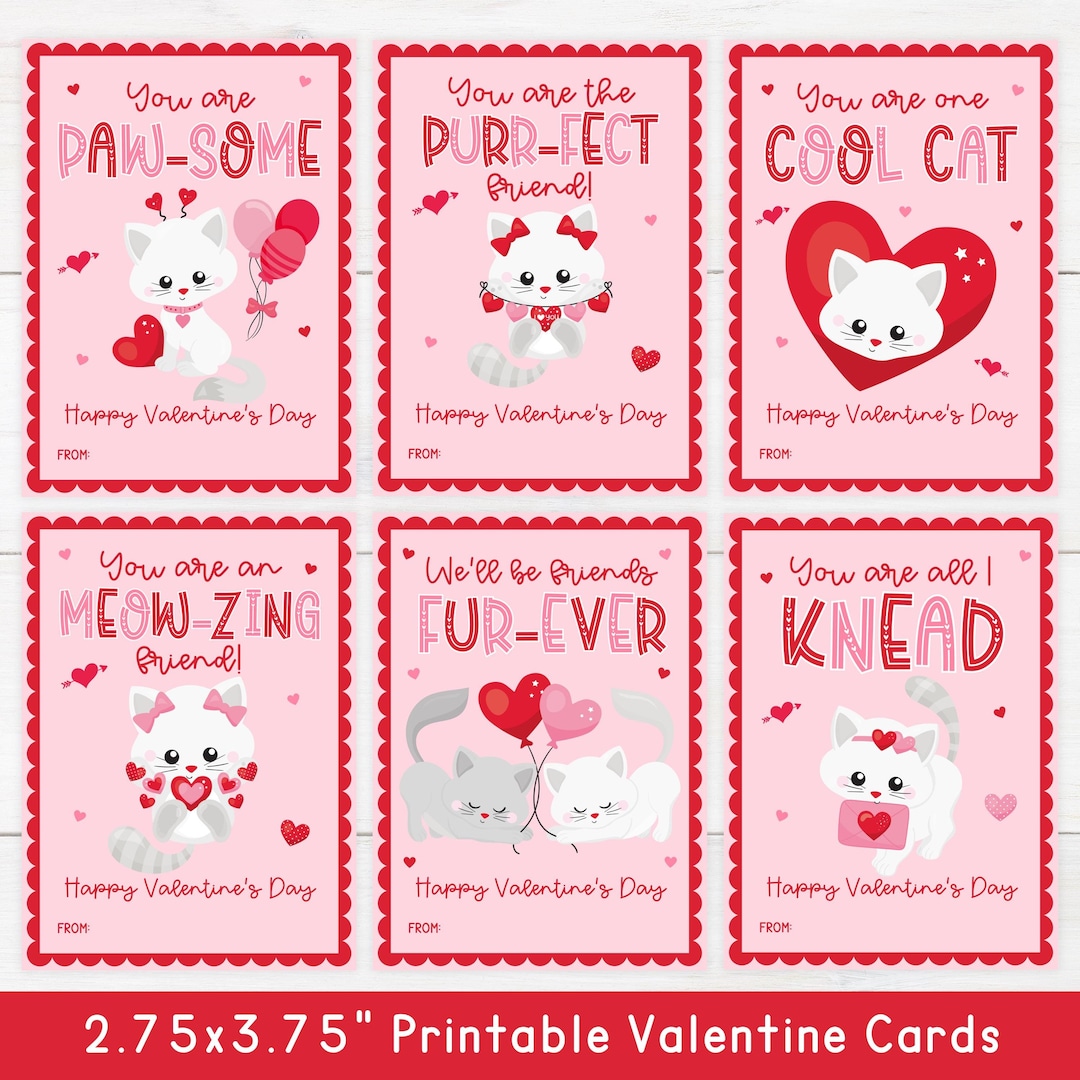 Kitten Valentine Cards - Printable - School Valentines - Cat Valentine ...
