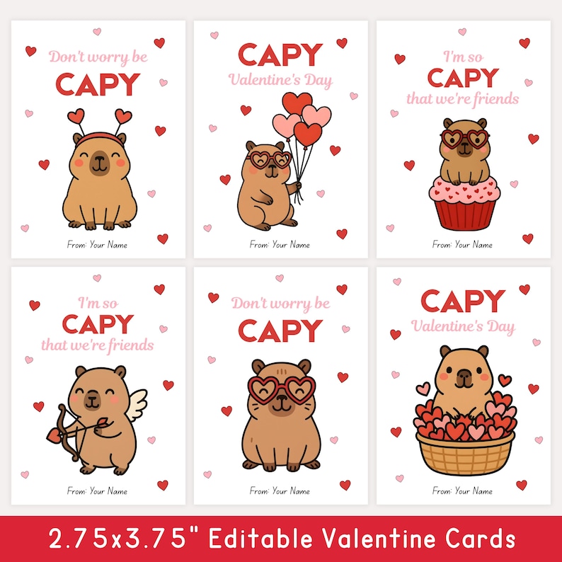 Capybara Valentine Cards - Editable - Printable - Kid's Valentine's Day ...
