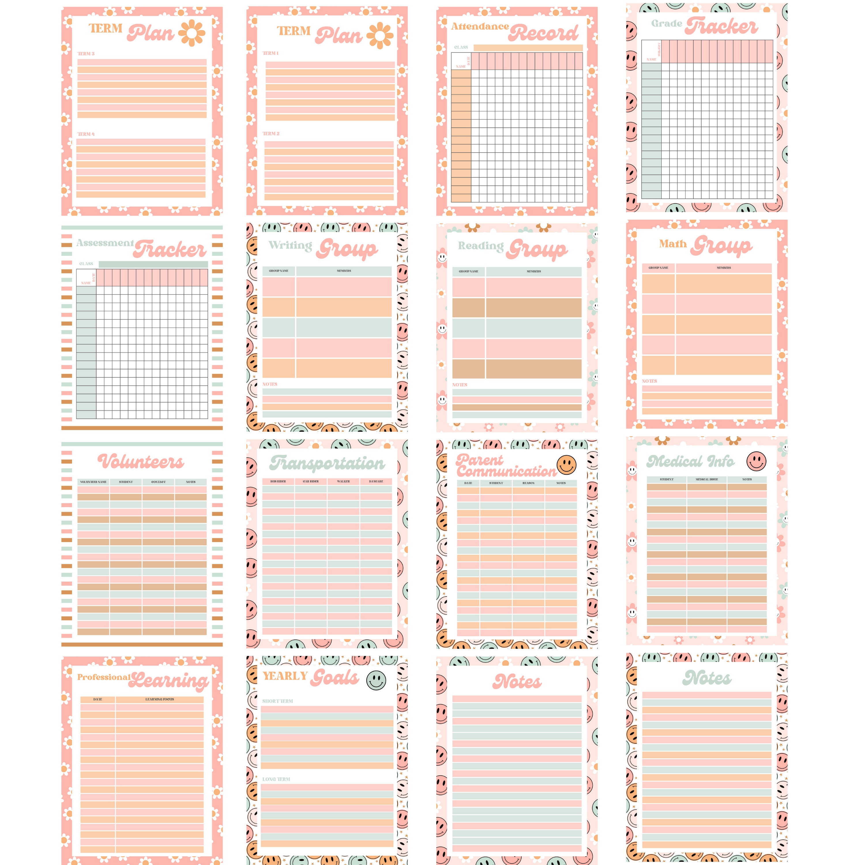 Teacher Planner - Printable - Groovy - Retro - Smile - Lesson Plan ...