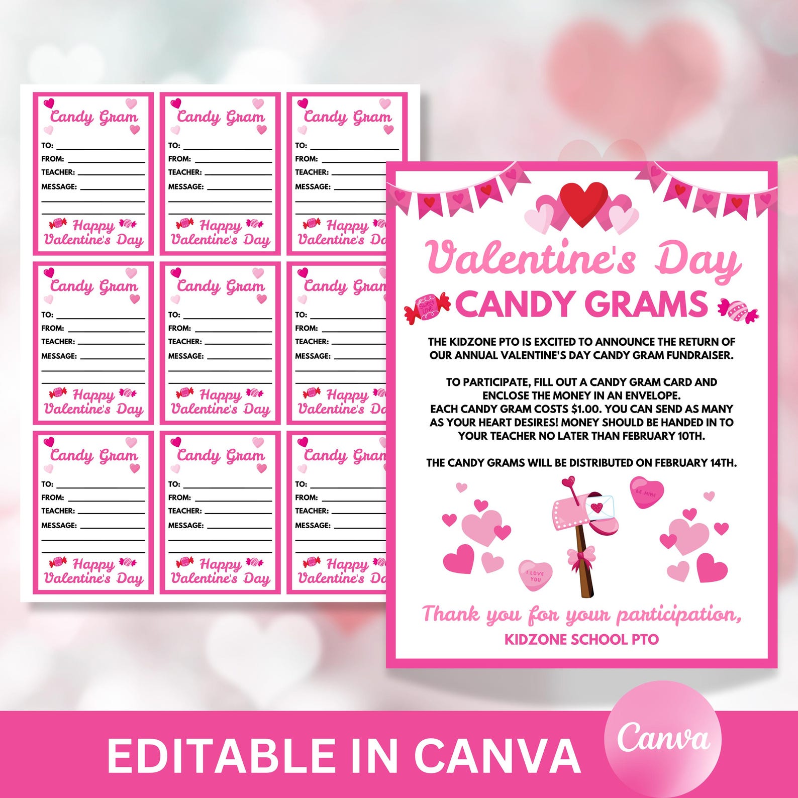 Valentine Candy Grams - Editable - Printable - PTO Fundraiser - Canva ...