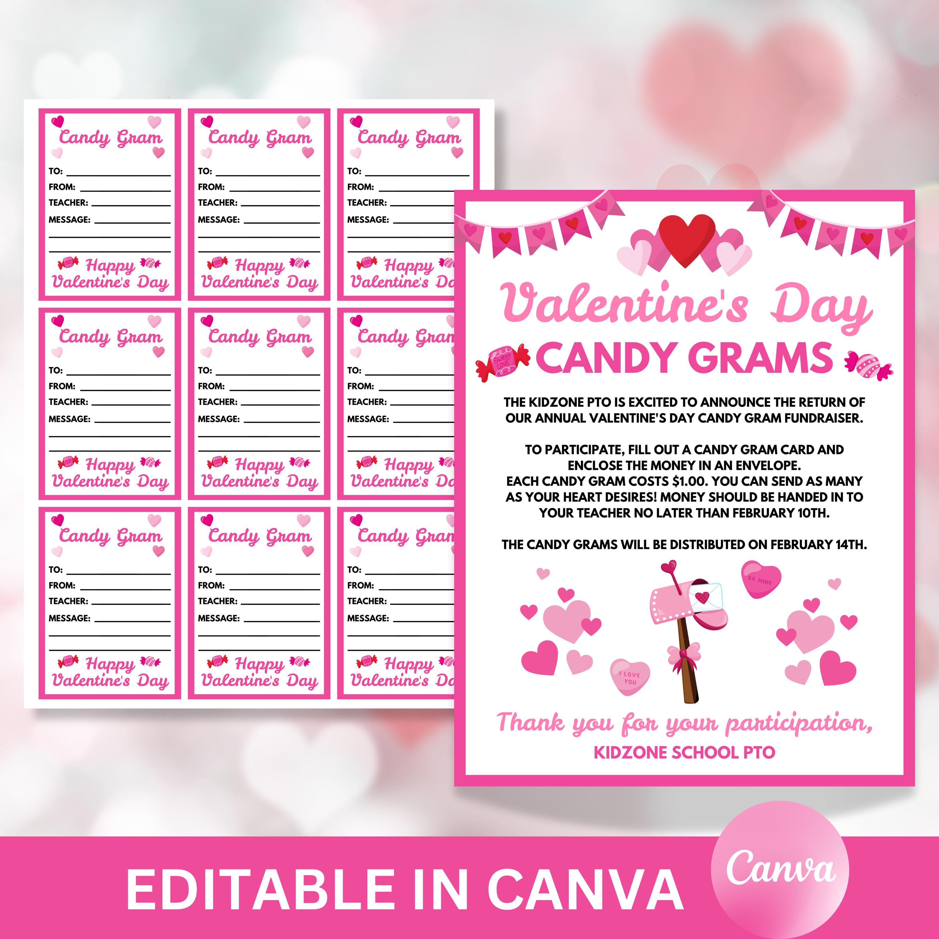 Valentine Candy Grams - Editable - Printable - PTO Fundraiser - Canva ...