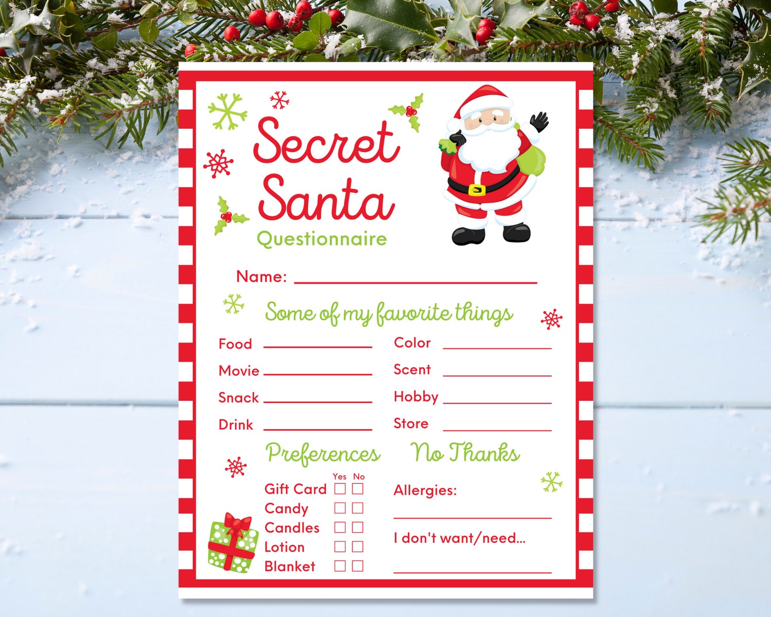 Secret Santa Questionnaire Printable Instant Download - Etsy