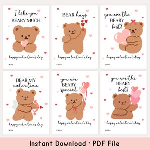 Bear Valentine Cards - Printable - Kids Valentines - School Valentine ...