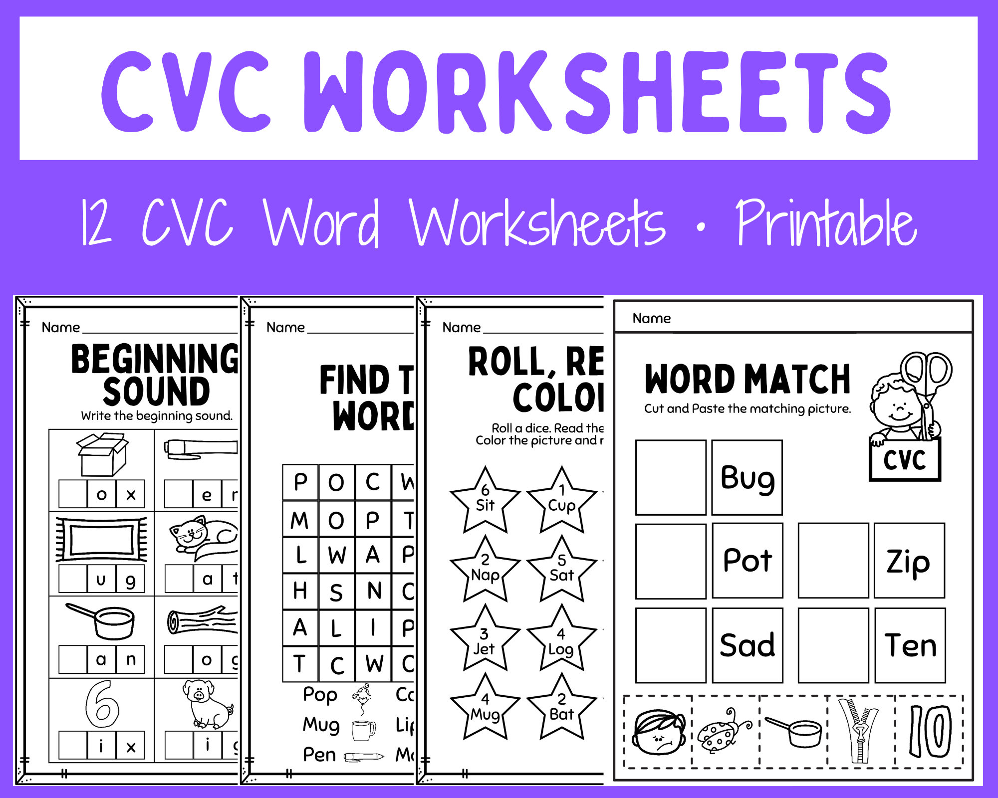 Cvc Word Worksheets - Printable - Instant Download - Kindergarten ...