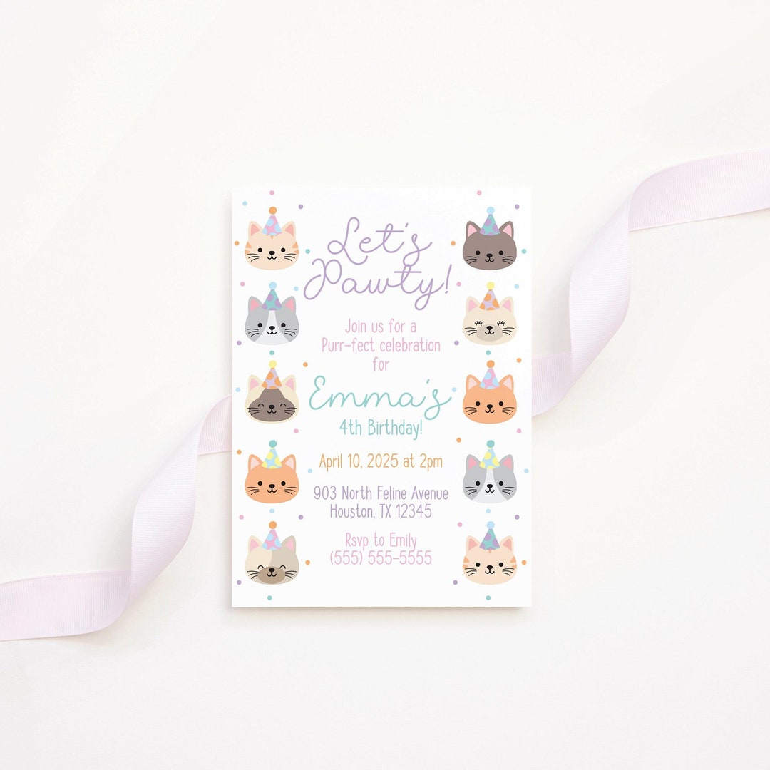 Cat Birthday Invite - Editable - Printable - Invitation Template ...