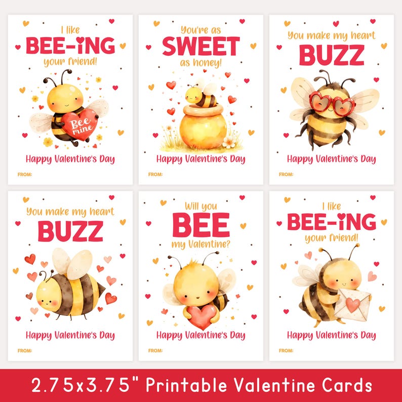 Bee Valentine Cards - Printable - School Valentines - Instant Download ...