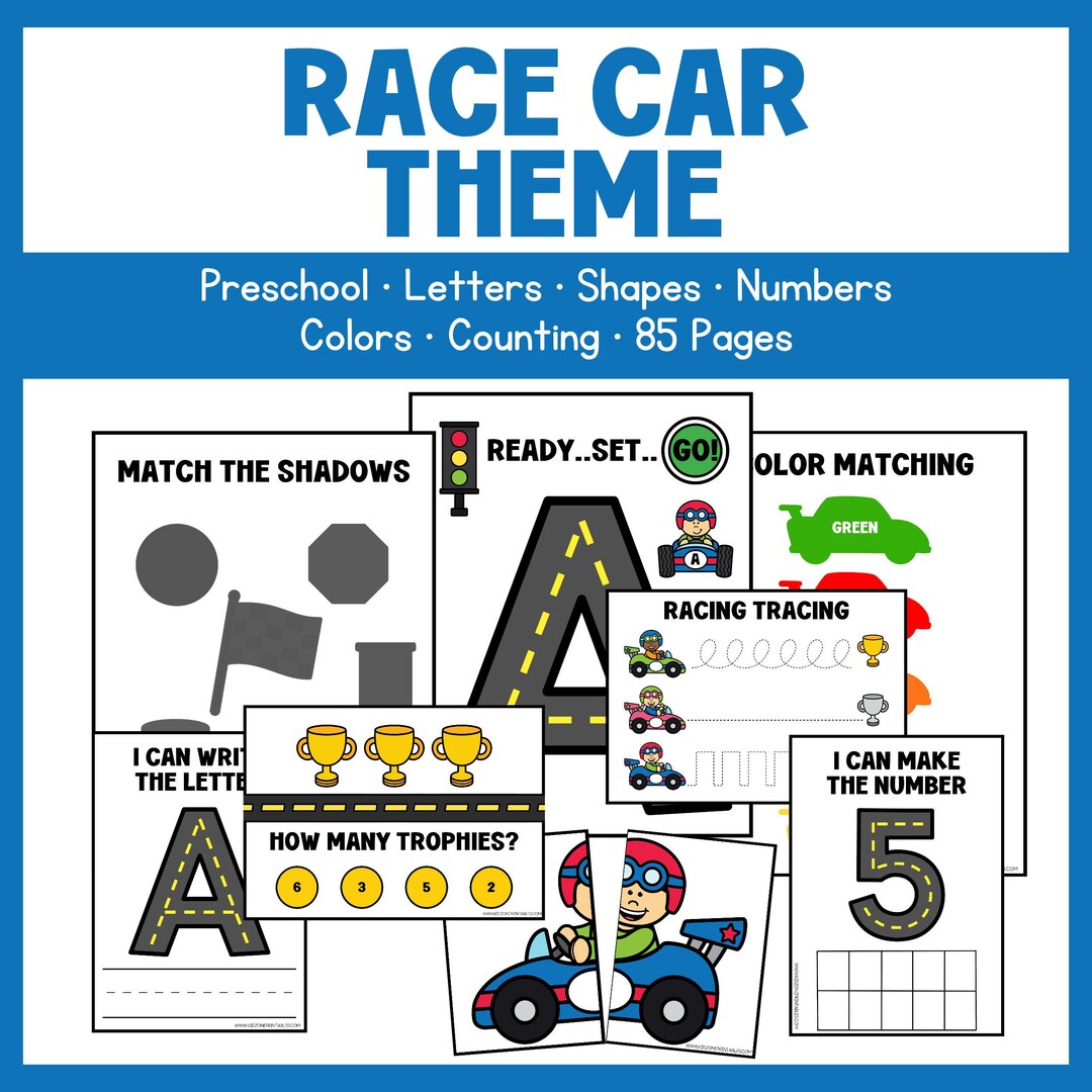 Preschool Activities Race Car Printable Letters Counting Numbers Shapes ...