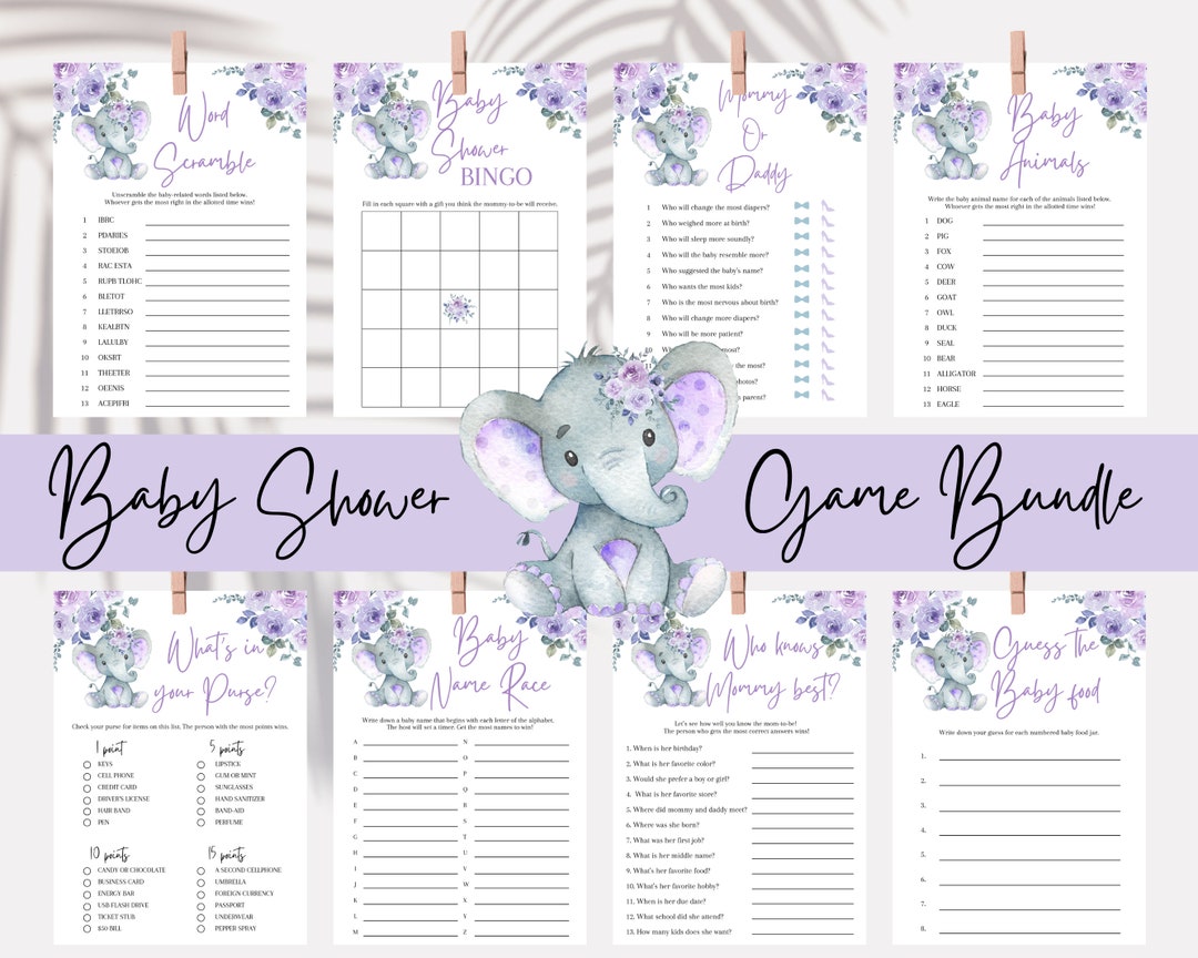 Baby Shower Games - Printable - Elephant Baby Shower - Purple - Digital ...