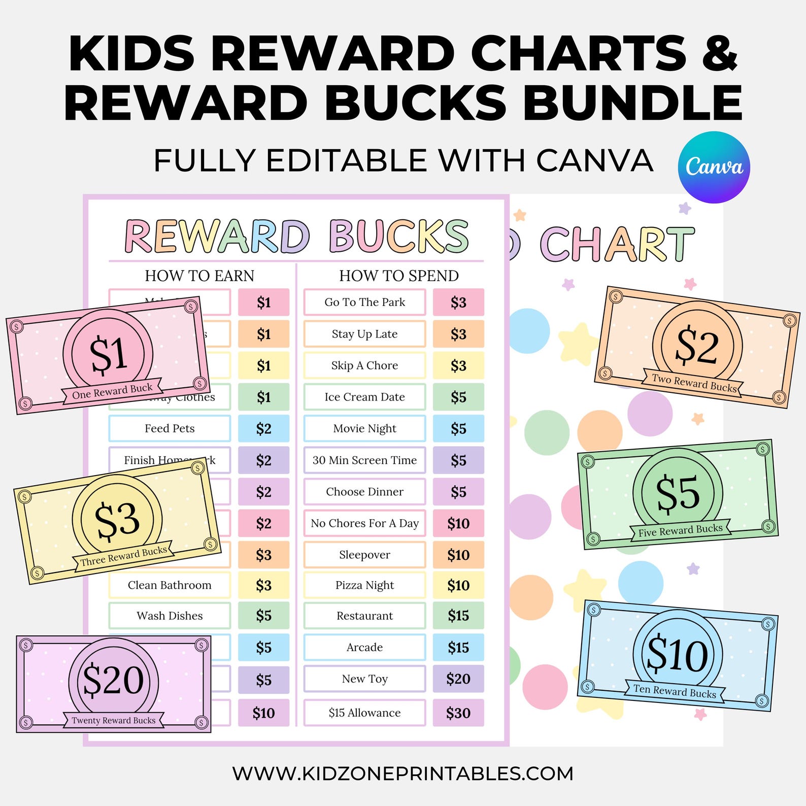 Editable Kids Reward Bucks and Chart - Printable - Reward Bucks - Chore ...