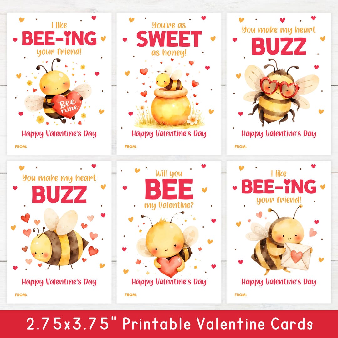 Bee Valentine Cards - Printable - School Valentines - Instant Download ...
