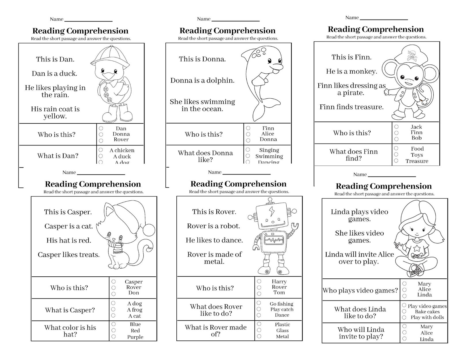 Reading Comprehension Printable Worksheet First Grade Etsy
