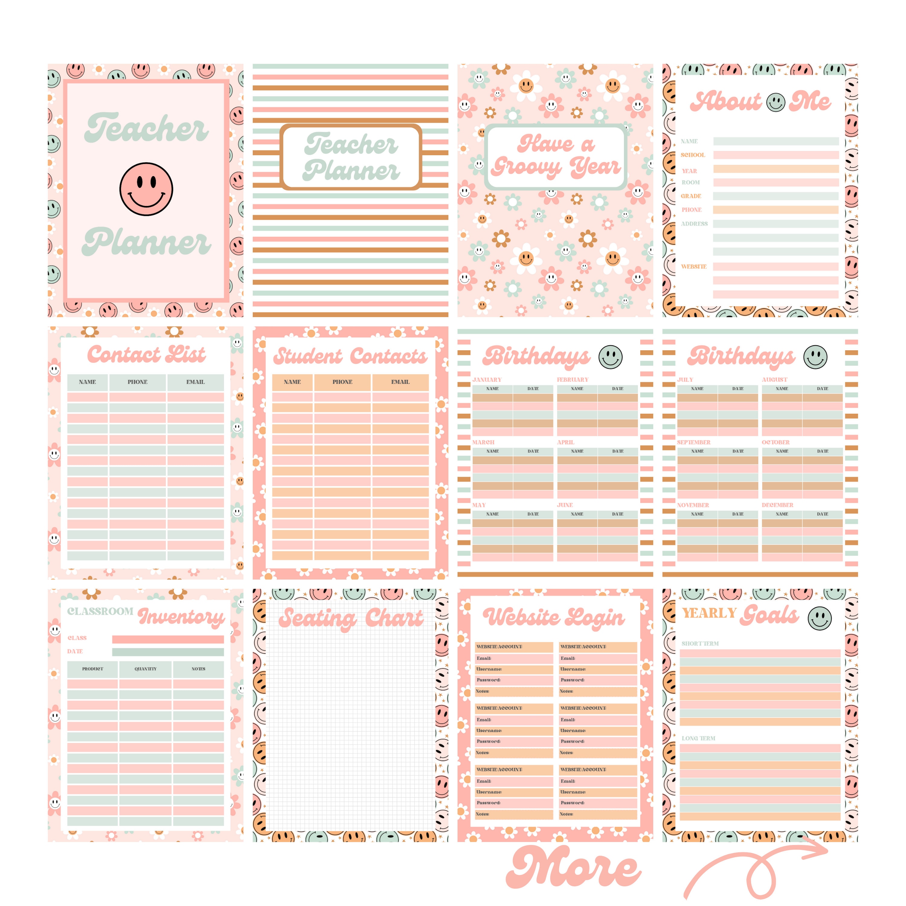 Teacher Planner - Printable - Groovy - Retro - Smile - Lesson Plan ...