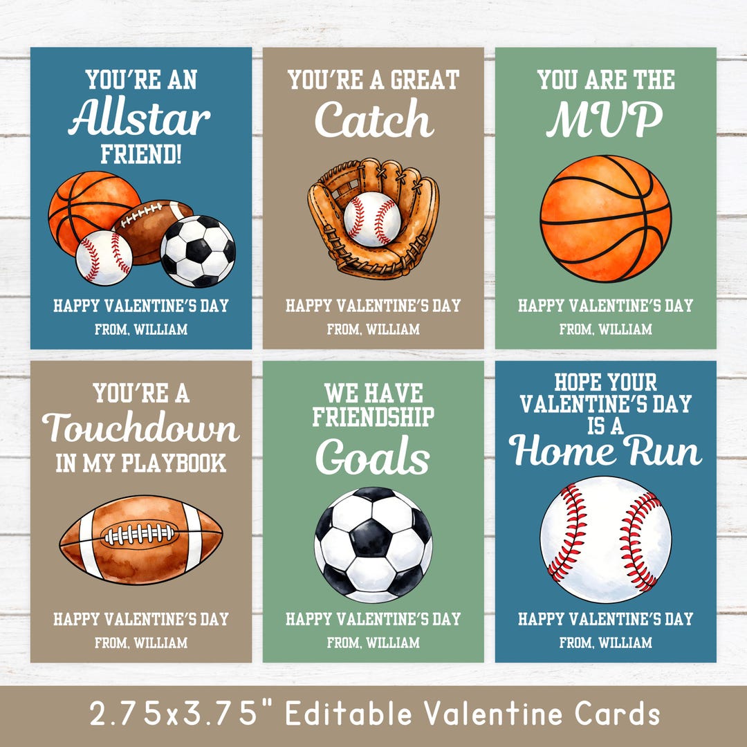Sports Valentine Cards - Editable - Printable - Kid's Valentine's Day ...