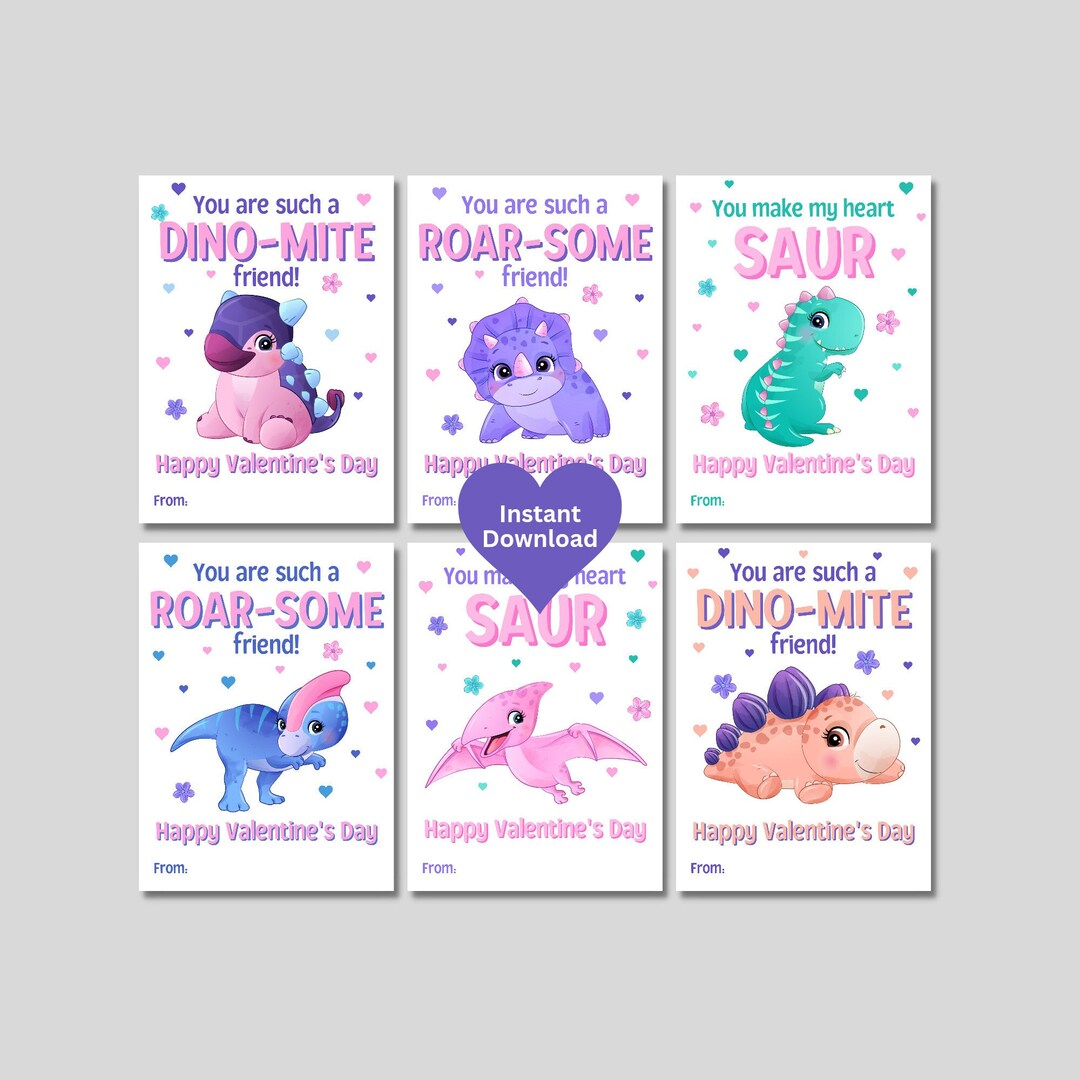 Dinosaur Valentines Printable Kids Valentine Card Instant Download ...