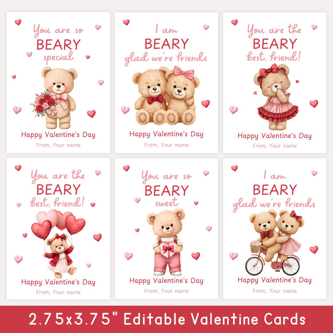 Teddy Bear Valentine Cards - Editable - Printable - Kids Valentines ...
