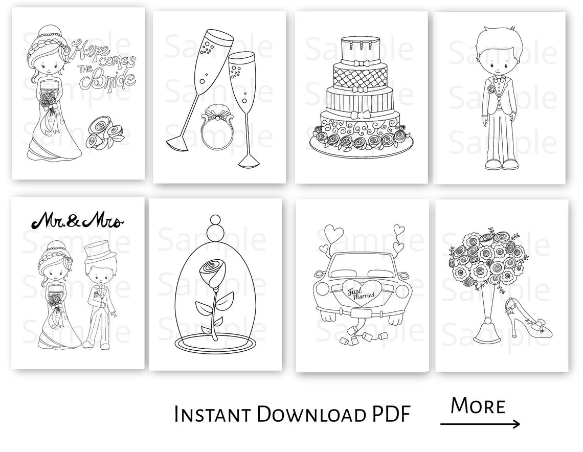 Wedding Coloring Pages Printable Activity Bride Groom - Etsy