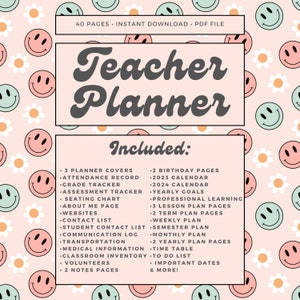 Teacher Planner - Printable - Groovy - Retro - Smile - Lesson Plan ...