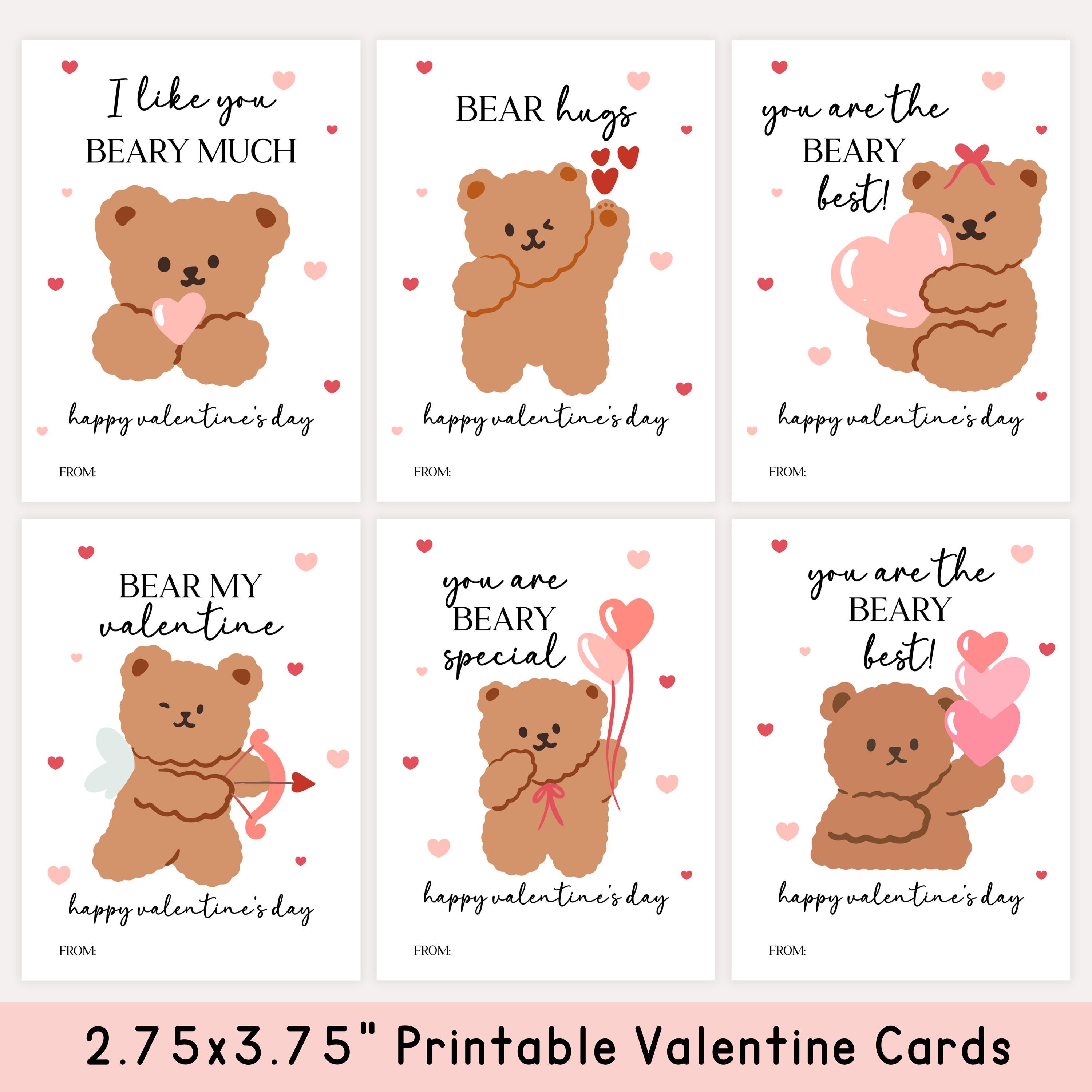 Bear Valentine Cards - Printable - Kids Valentines - School Valentine ...