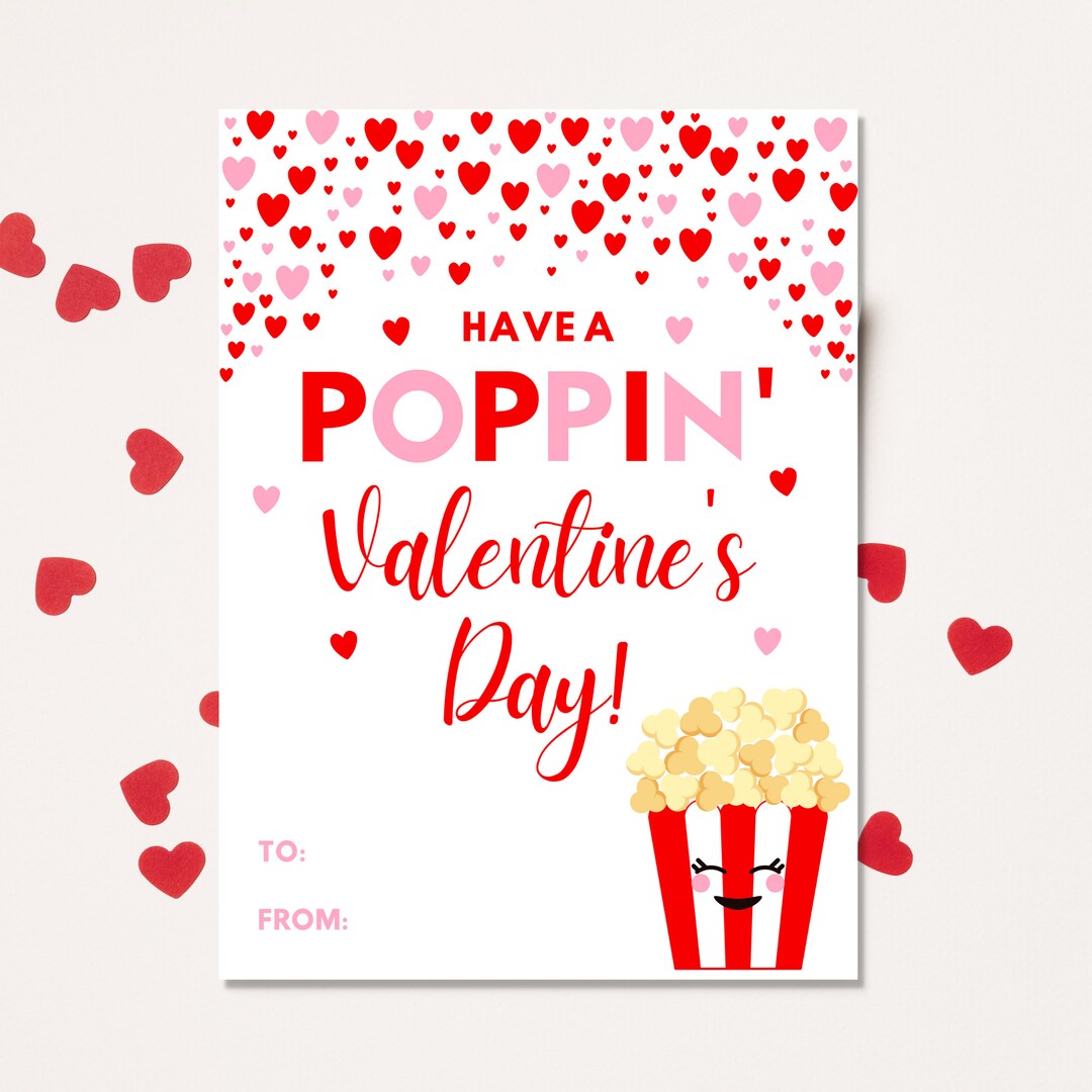 Poppin Valentine Card - Printable - Popcorn Valentine - Kids Valentine ...