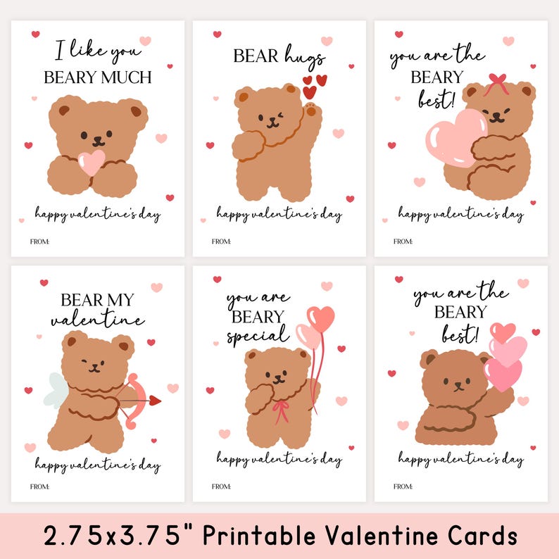 Bear Valentine Cards - Printable - Kids Valentines - School Valentine ...