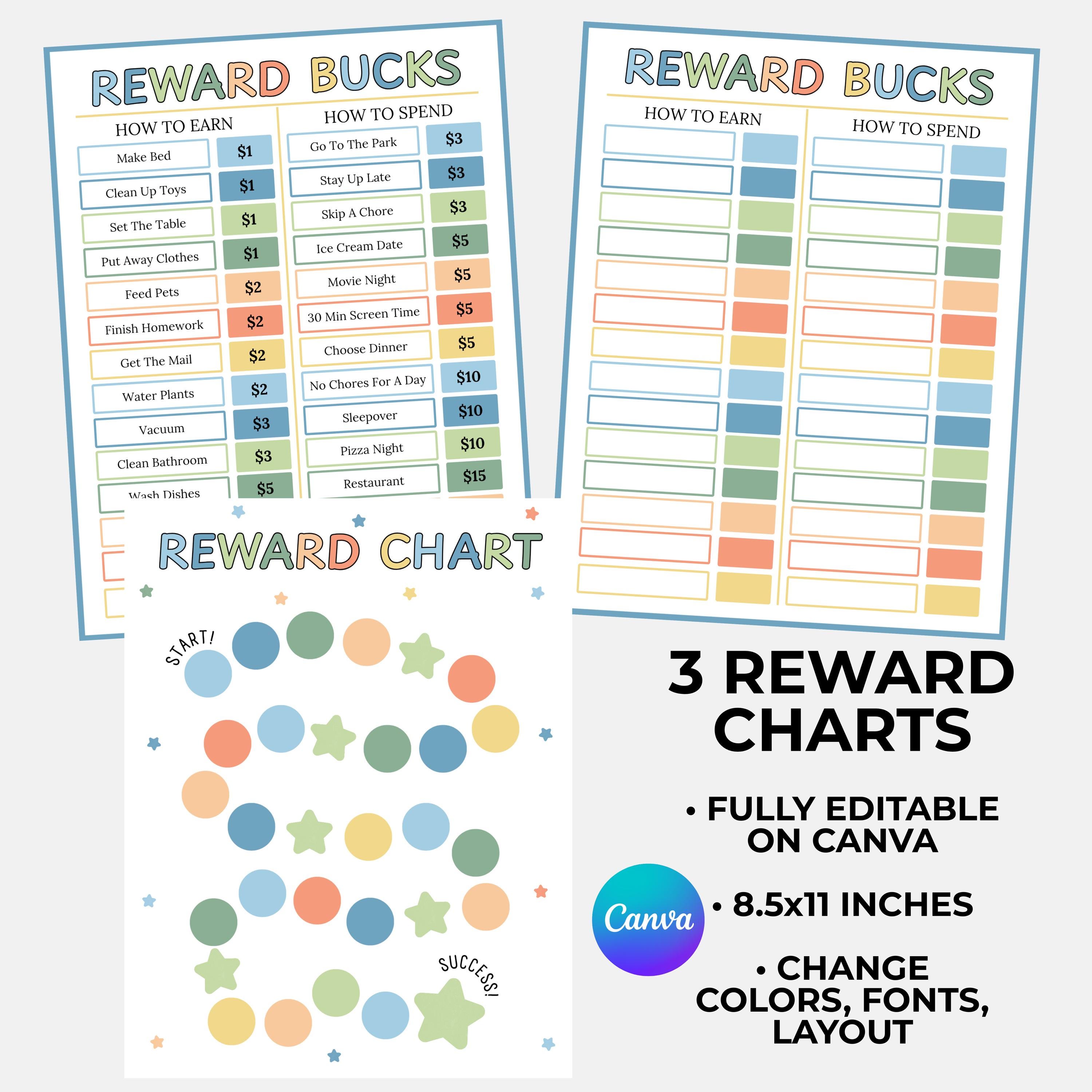 Editable Kids Reward Bucks and Chart - Printable - Reward Bucks - Chore ...