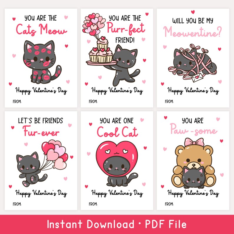 Cat Valentine Cards - Printable - Kids Valentines - School Valentine ...